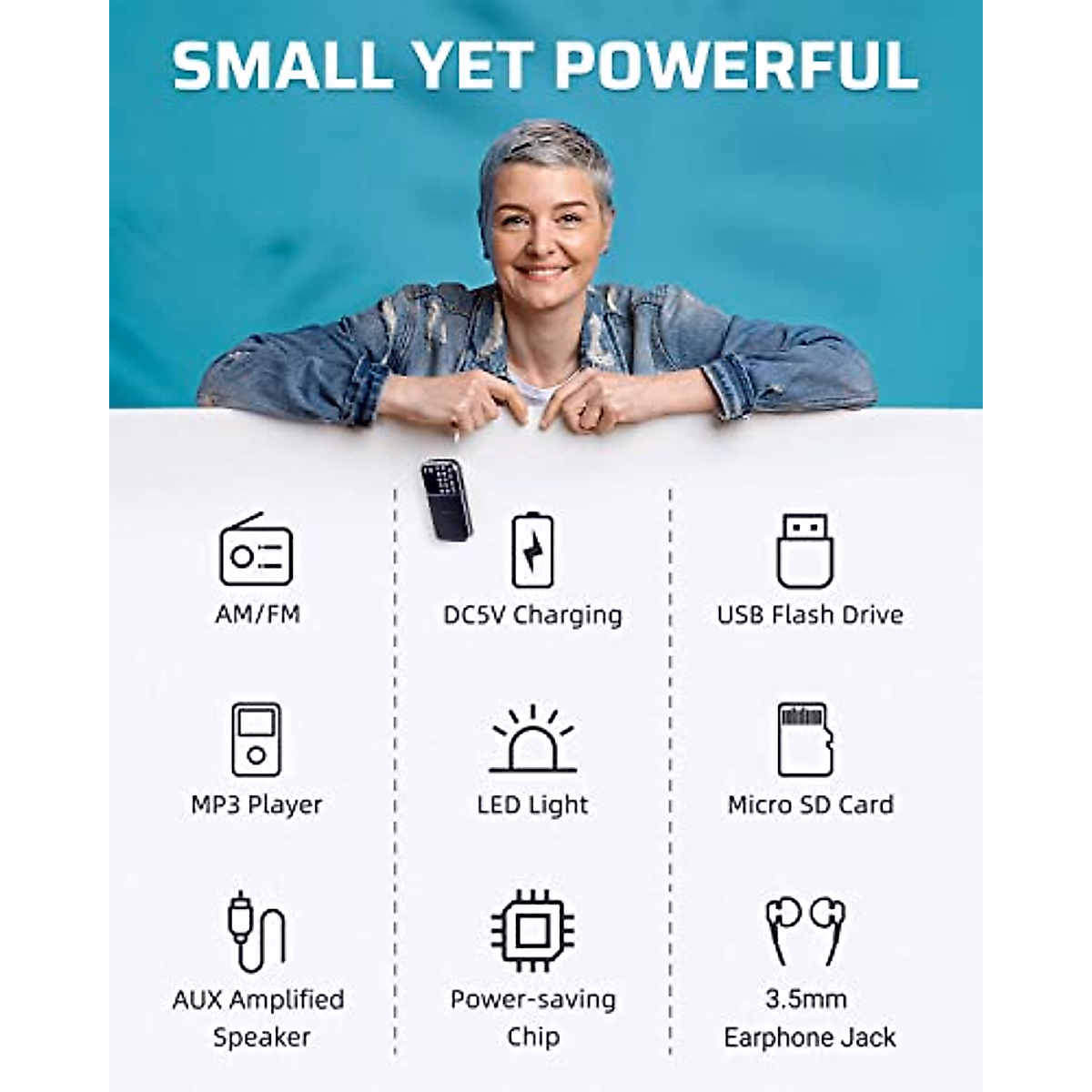 PRUNUS J-189 Bluetooth AM FM Radio, Small Portable Radio - Dual Speaker Heavy Bass, LED Flashlight, Pocket Size, TF Card USB AUX MP3 Player, Rechargeable Battery Operated Small Radio(Black)