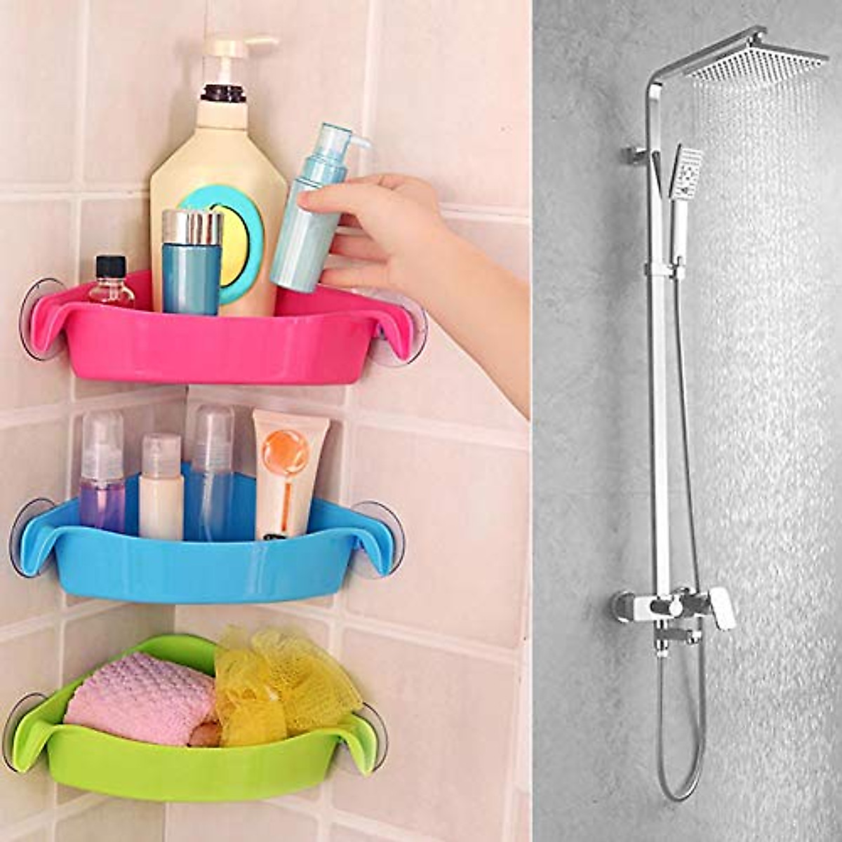 1pc Suction Cup Corner Shower Caddy Bathroom Shower Shelf Storage Basket Wall Mounted Organizer Green