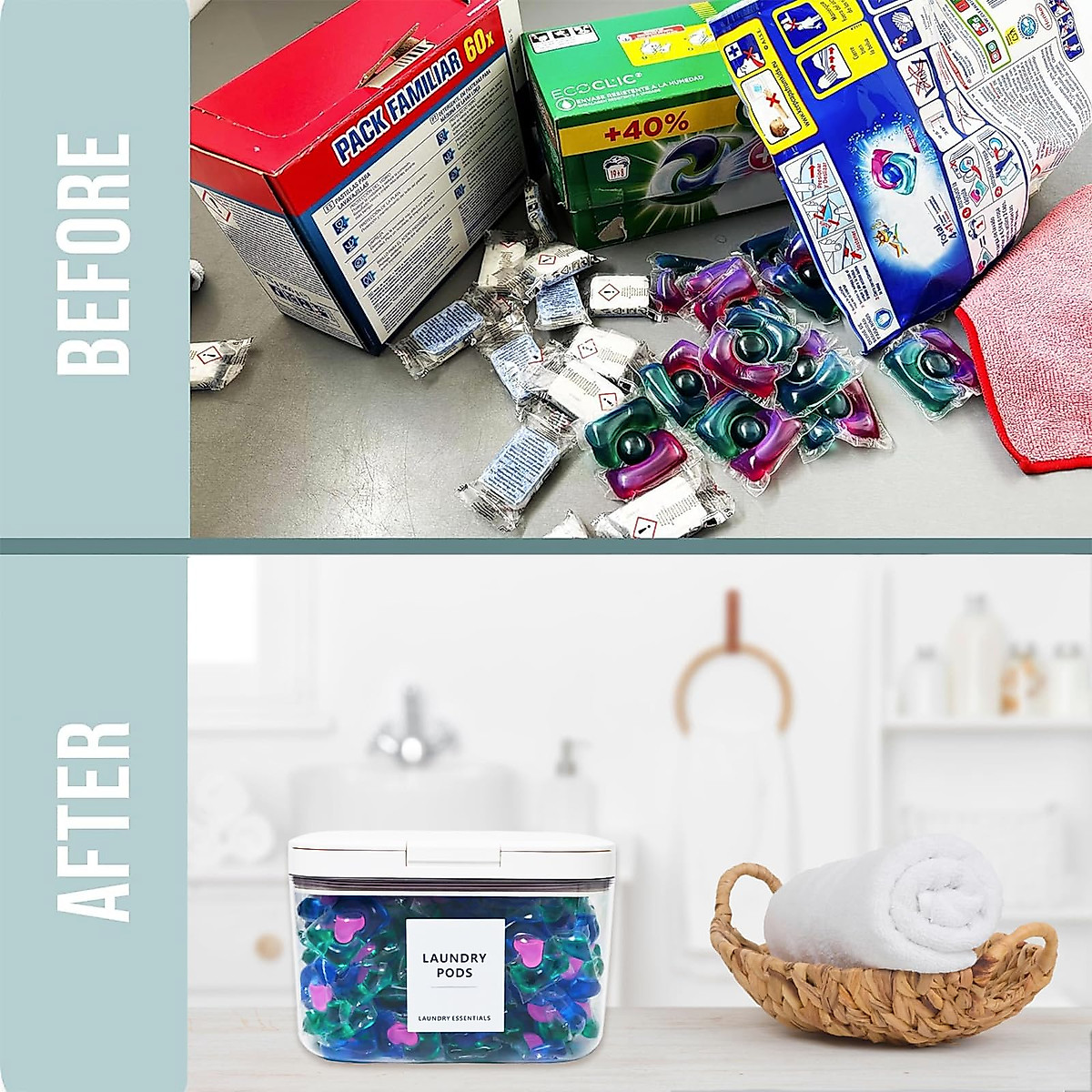 MUVEKA 94oz /2.8L Laundry Pods Container for Laundry Room Organization, Laundry Pod Up Holder with 30 Labels and scoop, Laundry Detergent Powder Container, Dryer Sheet Holder, 150 Pods