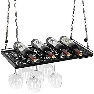 MyGift Black Metal Hanging Wine Glass Holder Rack Ceiling Mounted with Display Shelf and Vineyard Cutout