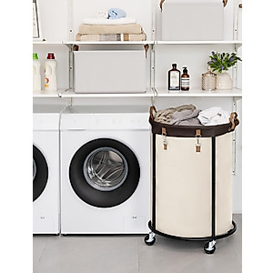 StorageWorks Laundry Basket with Wheels, 210L Extra Large Rolling Laundry Hamper, Round Laundry Cart with Steel Frame and Removable Bag, 4 Casters and 2 Brakes, Beige, 1-Pack