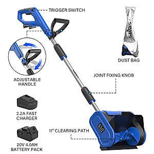 SOYUS Cordless Snow Shovel, 20V 11-Inch Snow Blower Cordless, Electric Snow Shovel with Adjustable Front Handle, Dust Bag, 4.0Ah Battery & Quick Charger Included