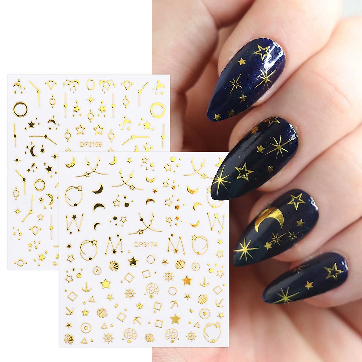 8 Sheets Gold Star Moon Nail Art Stickers Decals Self-Adhesive Metallic Ramadan Zodiac Design Manicure Tips Nail Decoration for Women Girls