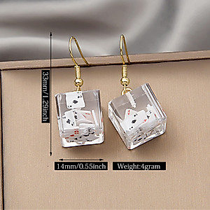 JIUIQL Unique Dainty Cute 3D Poker Red hearts and spades A Ace Playing Cards Dangle Drop Earrings in Transparent Ice Cube for Women Gambling Casino Jewelry Gift (White)