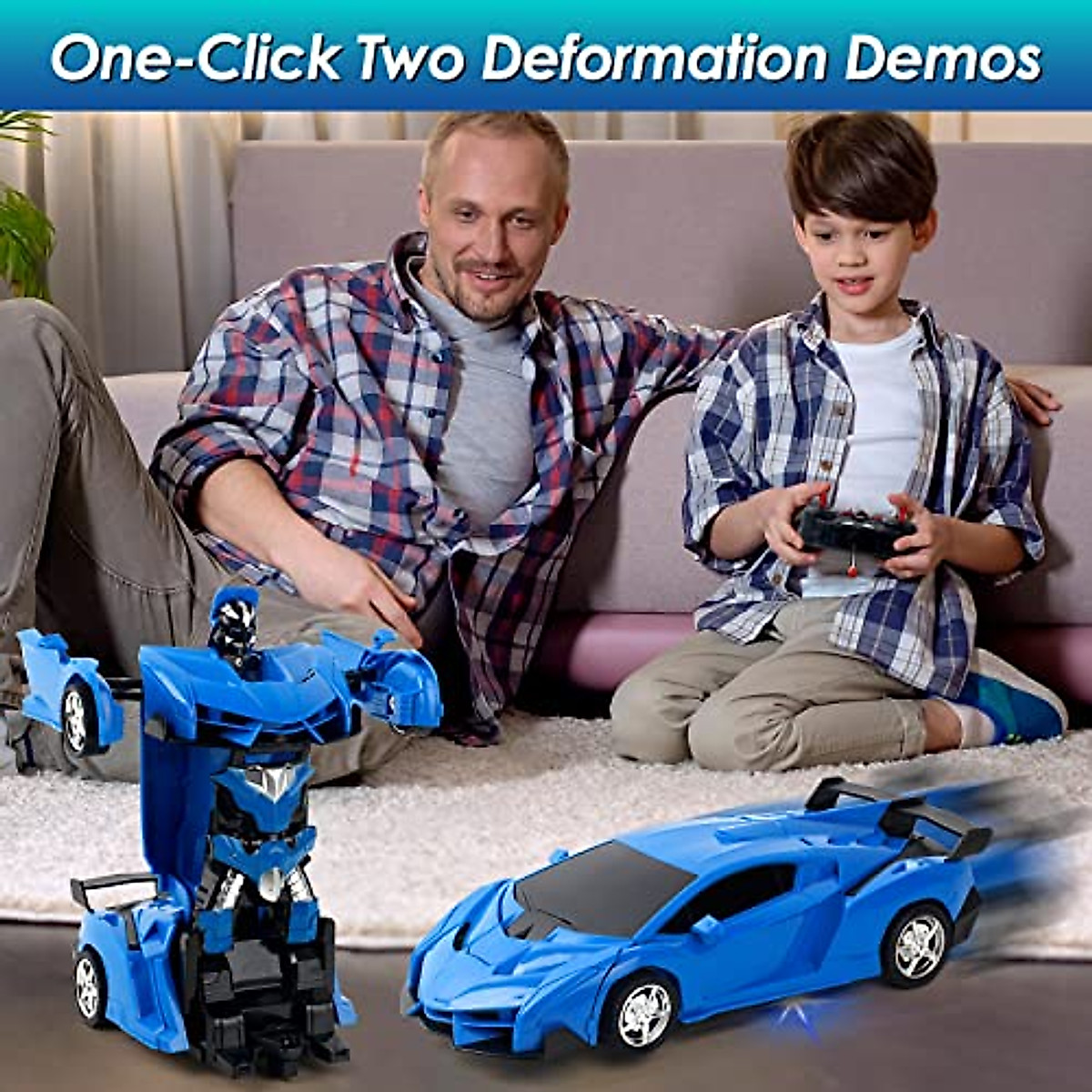 Kizeefun Remote Control Car, Rechargeable Transformable Remote Control Car for Boys and Girls with Flashing Lights and 360°Rotation, 1:18 RC Stunt Car for Kids Included 2 Rechargeable Batteries