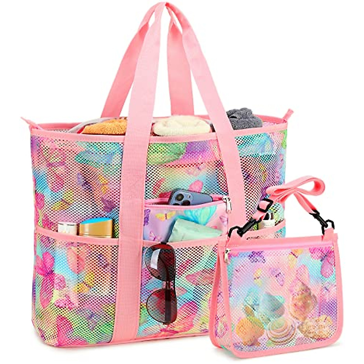 CAMTOP Mesh Beach Tote Bag with Kid Beach Toy Shell Crossbody Purse Women Pool Swim Bags For Family Beach Cruise Vacation Essentials(2 Piece Set,Butterfly)