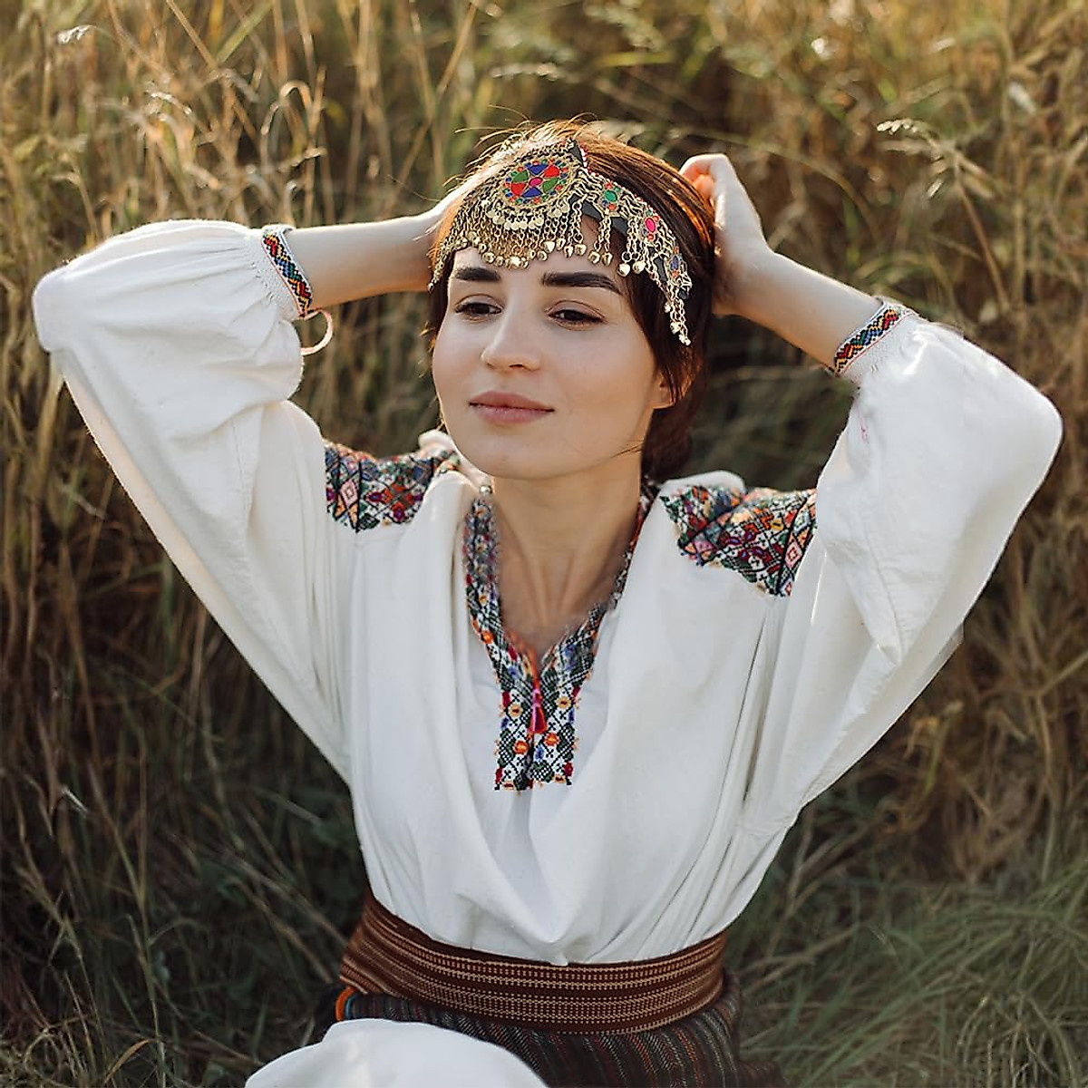 Duel On Jewel Ertuğrul Halima Turkish Kayi Tribal Afghan Kuchi Headband Ornament Jewelry In Antique Finish Bells Multicolor Stones - Costume Party Belly Dancing Gifts