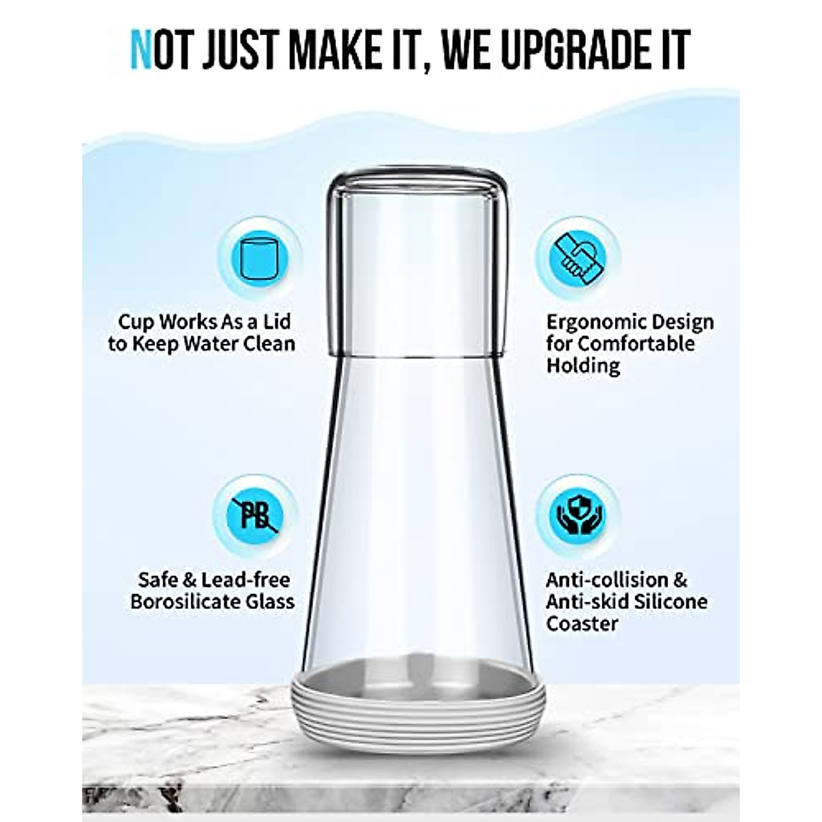 Bedside Night Water Carafe Set with Tumbler Glass, Clear Nightstand Carafe with Silicone Coaster for Bedroom and Guest Room, Glass Mouthwash Decanter for Bathroom (22 OZ)