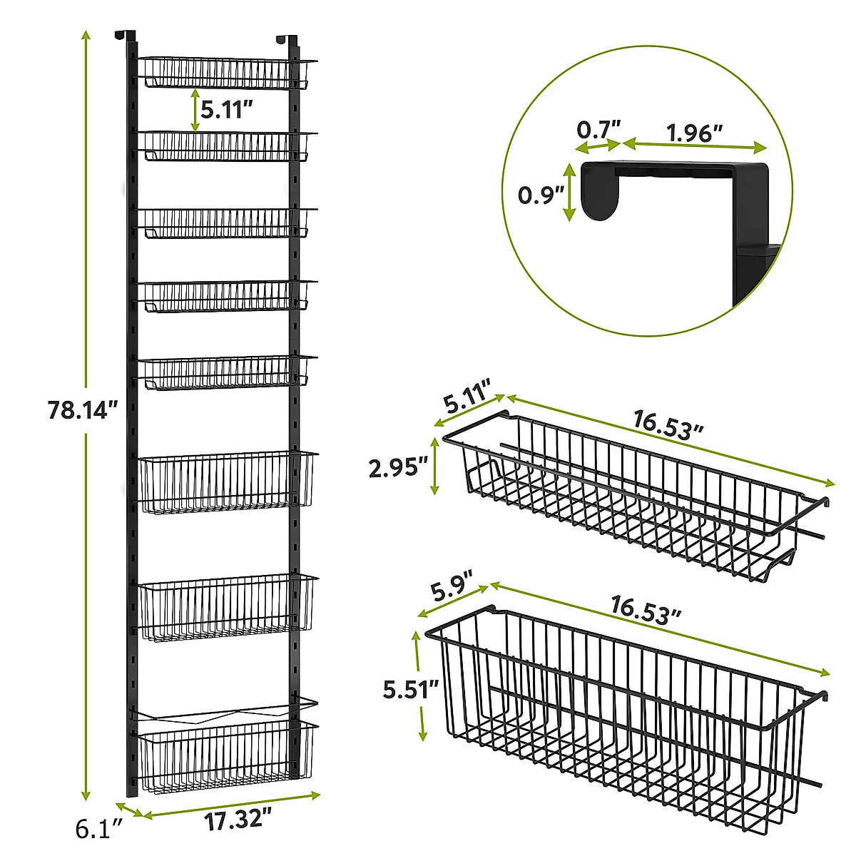 1Easylife Over the Door Pantry Organizer, 8-Tier Adjustable Baskets Pantry Organization and Storage, Metal Door Shelf with Detachable Frame, Space Saving Hanging Spice Rack for Kitchen Pantry Bathroom