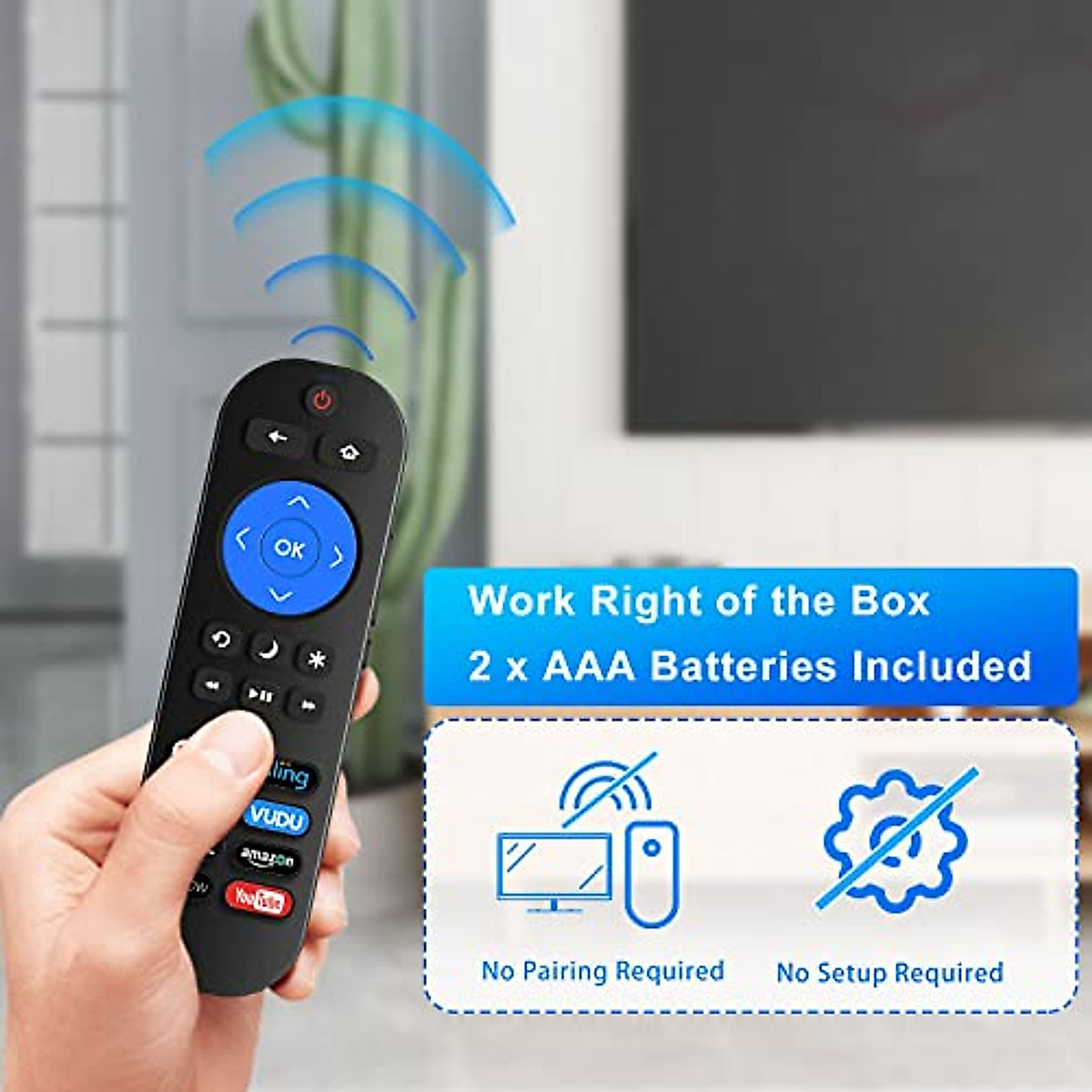 Universal TV Remote for Roku TV, for TCL Hisense Onn Sanyo Philips Sharp JVC Hitachi Element Roku TV Remote, TV Remote with Netflix Sling Hulu Vudu Starz Amazon HBONOW YouTube Buttons with Batteries