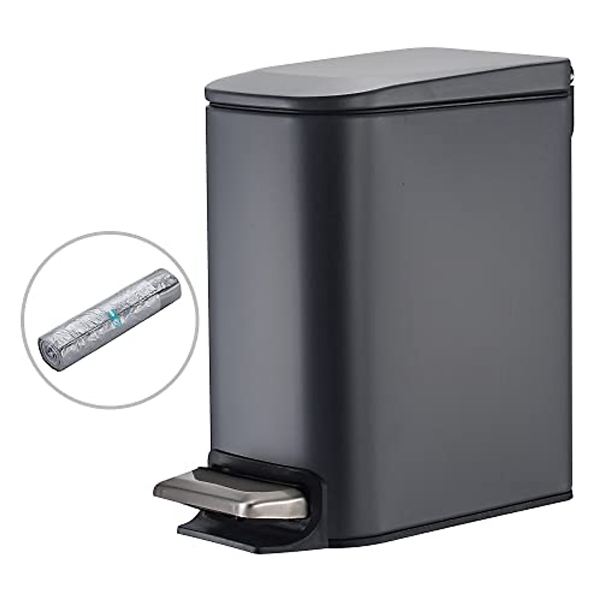 Siapapla Small Bathroom Trash Can with Lid,Step Pedal Stainless Steel Garbage Can,Slim and Narrow Rectangular Trash Bin,Inner Bucket for Bedroom,Kitchen,Office,1.6 Gal/6L,Grey