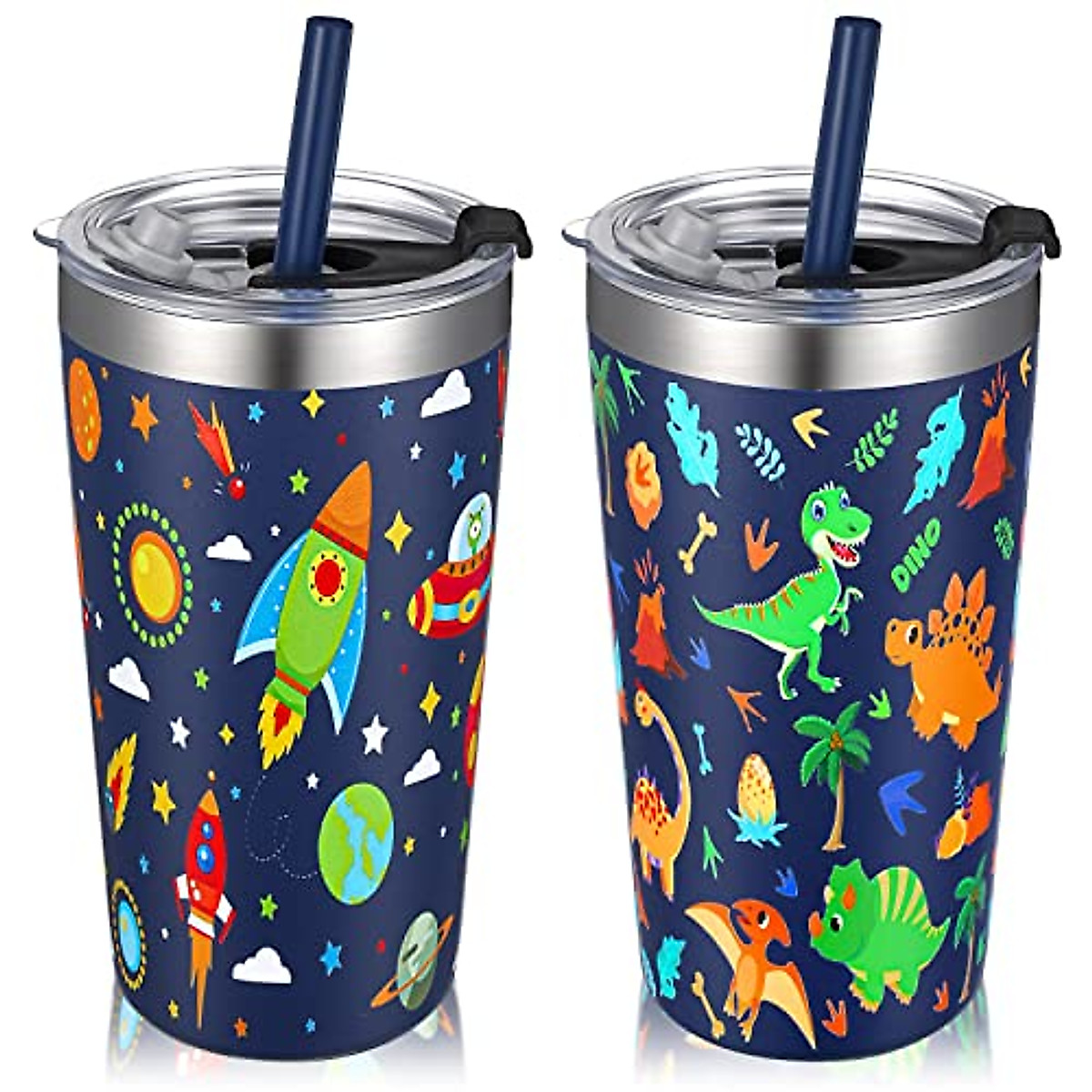 2 Pcs Kids Cups with Straw and Lid, Toddler Smoothie Cup Spill Proof Vacuum Stainless Steel Insulated Tumbler for Boys, Powder Coated Baby Child Cup + BPA Free Lids + Silicone Straws (12 Oz, Cute)
