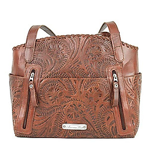 American West Leather - Multi Compartment Tote Bag -Purse Holder Bundle (Brown - Bolo Concho)