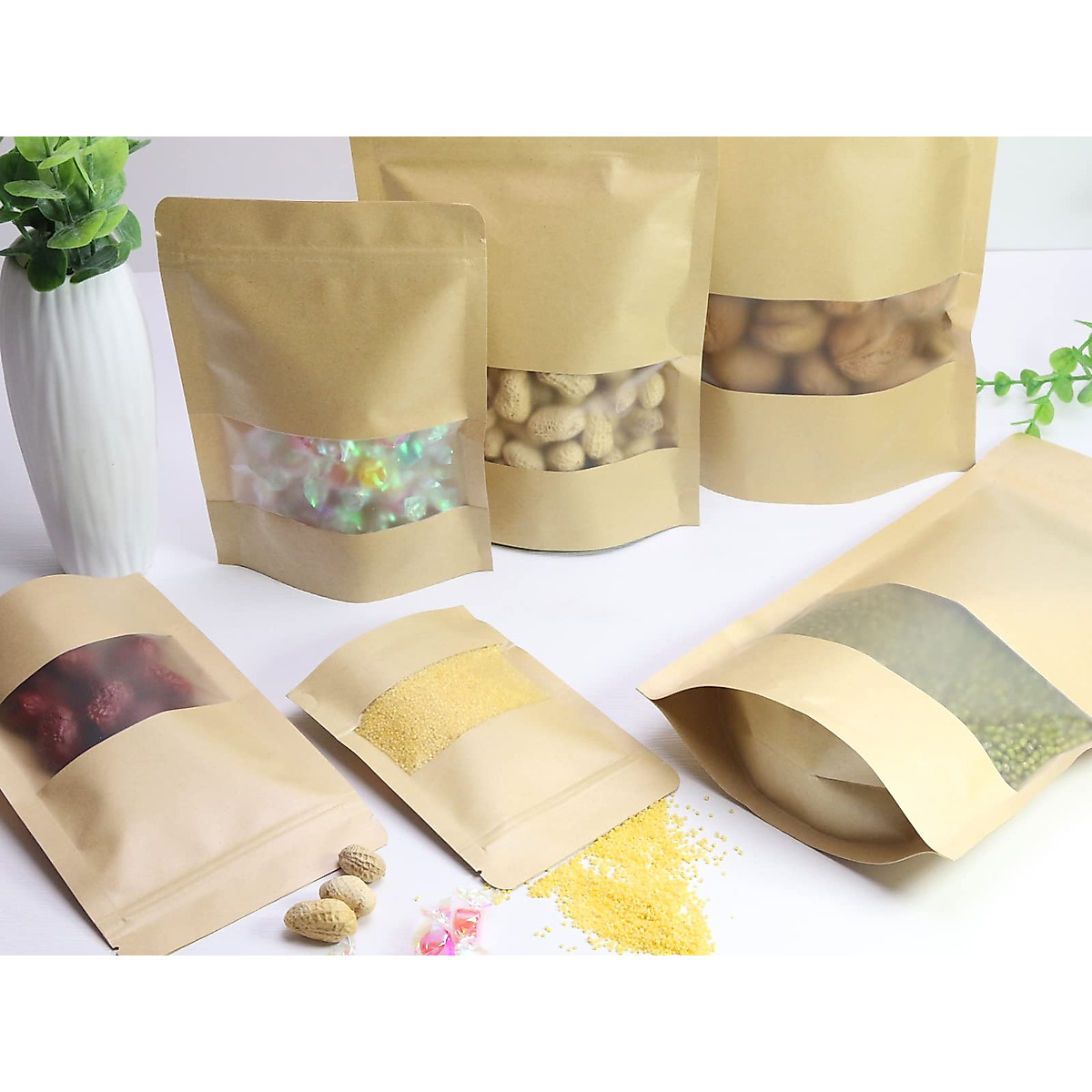 PQZKLDP 100pcs Assorted-Size Kraft Paper Bags with Matte Windows Reusable Smell Stand Up Pouches Bakery BagsFood Candy Coffee Tea Spice Sample Storage Sealable Bags for Small Business Packaging