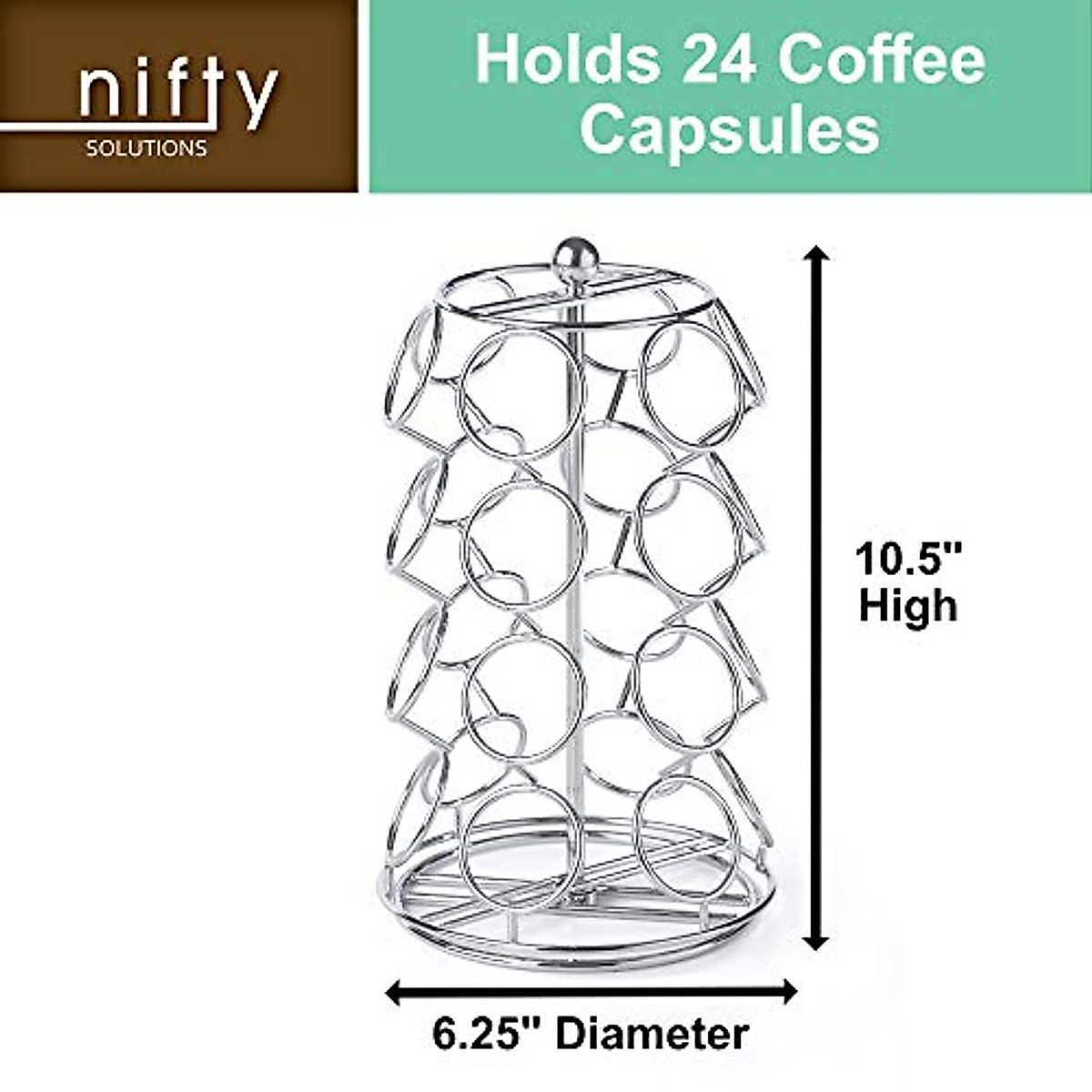 Nifty K Cup Holder – Compatible with K-Cups, Coffee Pod Carousel | 24 K Cup Holder, Spins 360-Degrees, Lazy Susan Platform, Modern Chrome Design, Home or Office Kitchen Counter Organizer