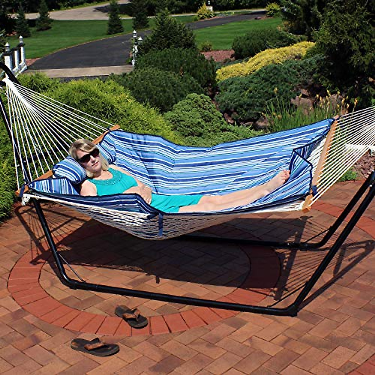 Sunnydaze Polyester Quilted Hammock Pad and Pillow Set Only - Durable Outdoor Rope Hammock Accessories - Replacement Hammock Pad - Breakwater Stripe