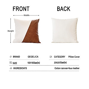 GEGELICA Faux Leather Patchwork White Linen Throw Pillow Covers Modern Minimalist Farmhouse Solid Boho Decorative Pillow Covers for Couch Living Room Bedroom Set of 2 18X18 Inch Brown and Cognac