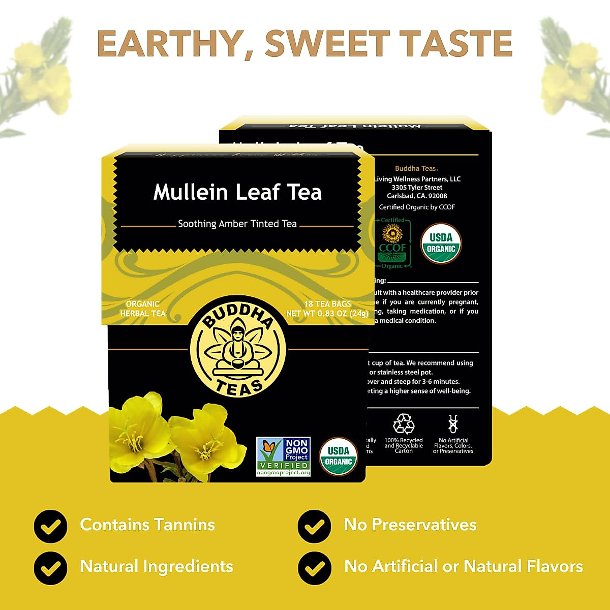 Buddha Teas Organic Mullein Leaf Tea - OU Kosher, USDA Organic, CCOF Organic, 18 Bleach-Free Tea Bags