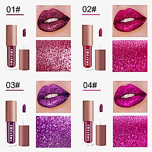 4 Colors Glitter Lipsticks Diamond Shimmer Metallic Lip Stick Set Kit Long Lasting, Purple Red Matte to Glitter Sparkle Sparkly Glossy Liquid Lipstick Lip Gloss Set for Women Lips Make up