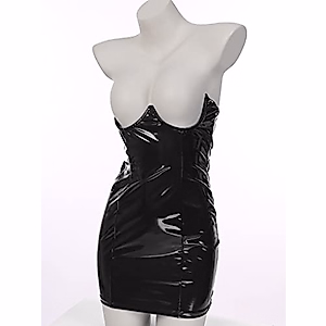 Lejafay Women Sexy Push-up Underbust Corset Dress Wet Look Latex Bodycon Open Cups Mini Dress Black 3X-Large