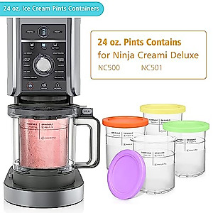 FENKOA Ice Creami Replacement Containers 4 Pack with 6 Colors Lids,Compatible with Ninja NC501 NC500 Series Deluxe Creami Maker, 24 oz Creami Pint Containers, Deluxe Ice Cream Pints and Lids (Yellow, Green,Blue Grey Orange Purple)