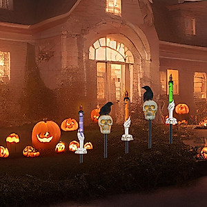 Halloween Outdoor Decoration Solar Lights,5 Pack Skull Candle Lights+Skull Solar Lights with Black Crow,Waterproof Solar Ghost Lights with Stakes,Stunning Halloween Decor for Lawn Yard Garden