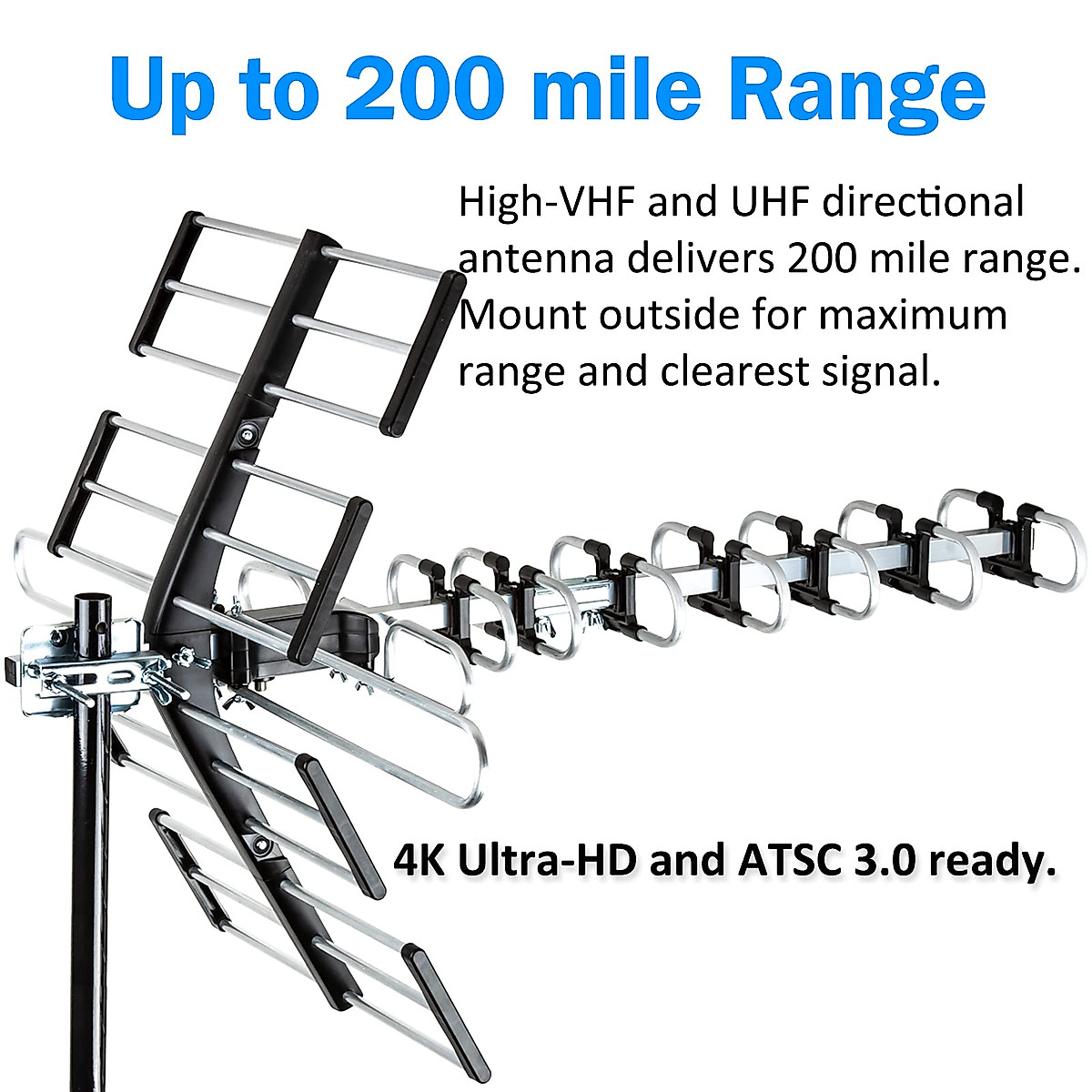Five Star Outdoor HDTV Antenna up to 200 Mile Long Range, Attic or Roof Mount TV Antenna, Long Range Digital OTA Antenna for 4K 1080P VHF UHF Supports 4 TVs Installation Kit & J Mount