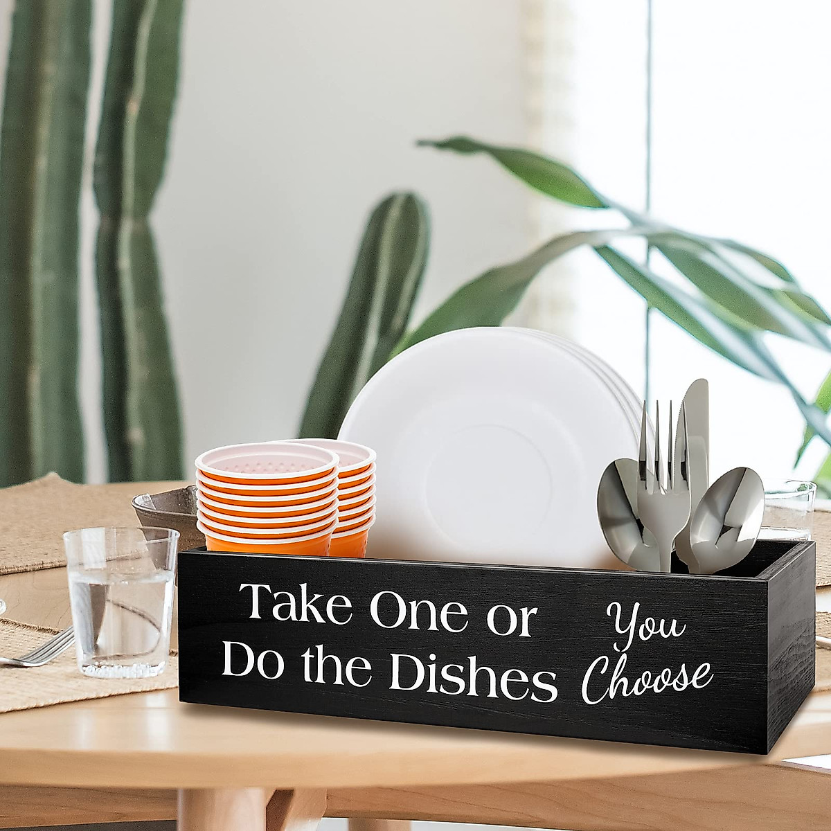 Kitchen Countertop Paper Plate Holder - Wooden Paper Plate Organizer Box Disposable Dish Holder for Wedding,Party,BBQ, Rustic Farmhouse Utensil Caddy for Cups,Forks,Spoons,Plates,Napkins,Condiments