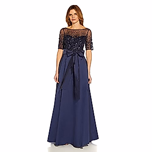 Adrianna Papell Women's Beaded Mesh and Taffeta Gown, Navy, 10