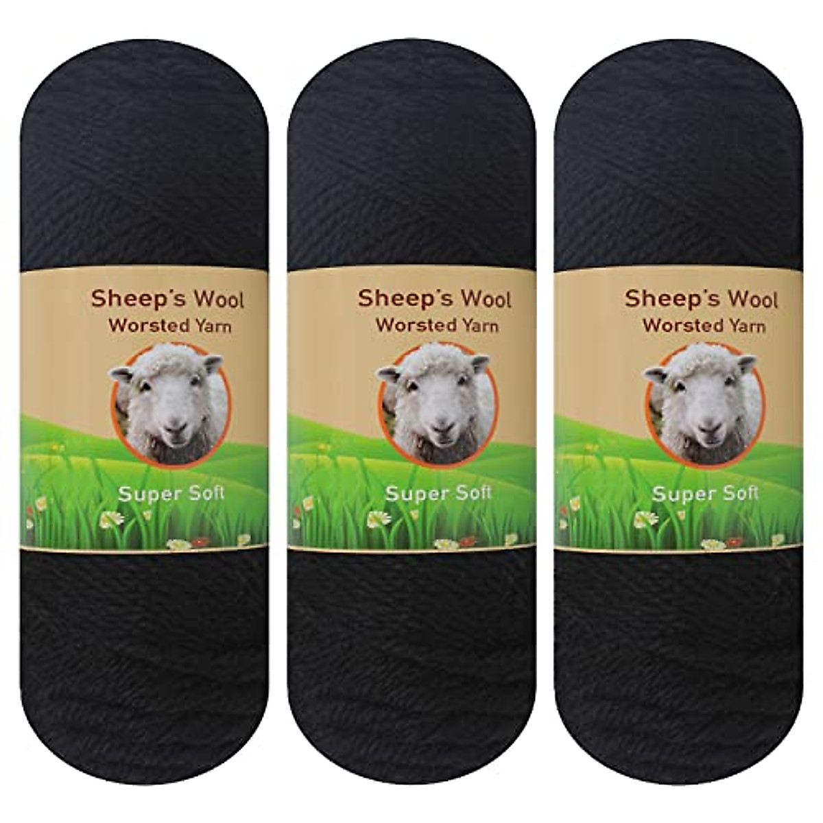3-Pack Sheep’s 50% Wool Worsted Yarn for Knitting and Crocheting 10.5 oz, 495 Yards Imported (Black 13)