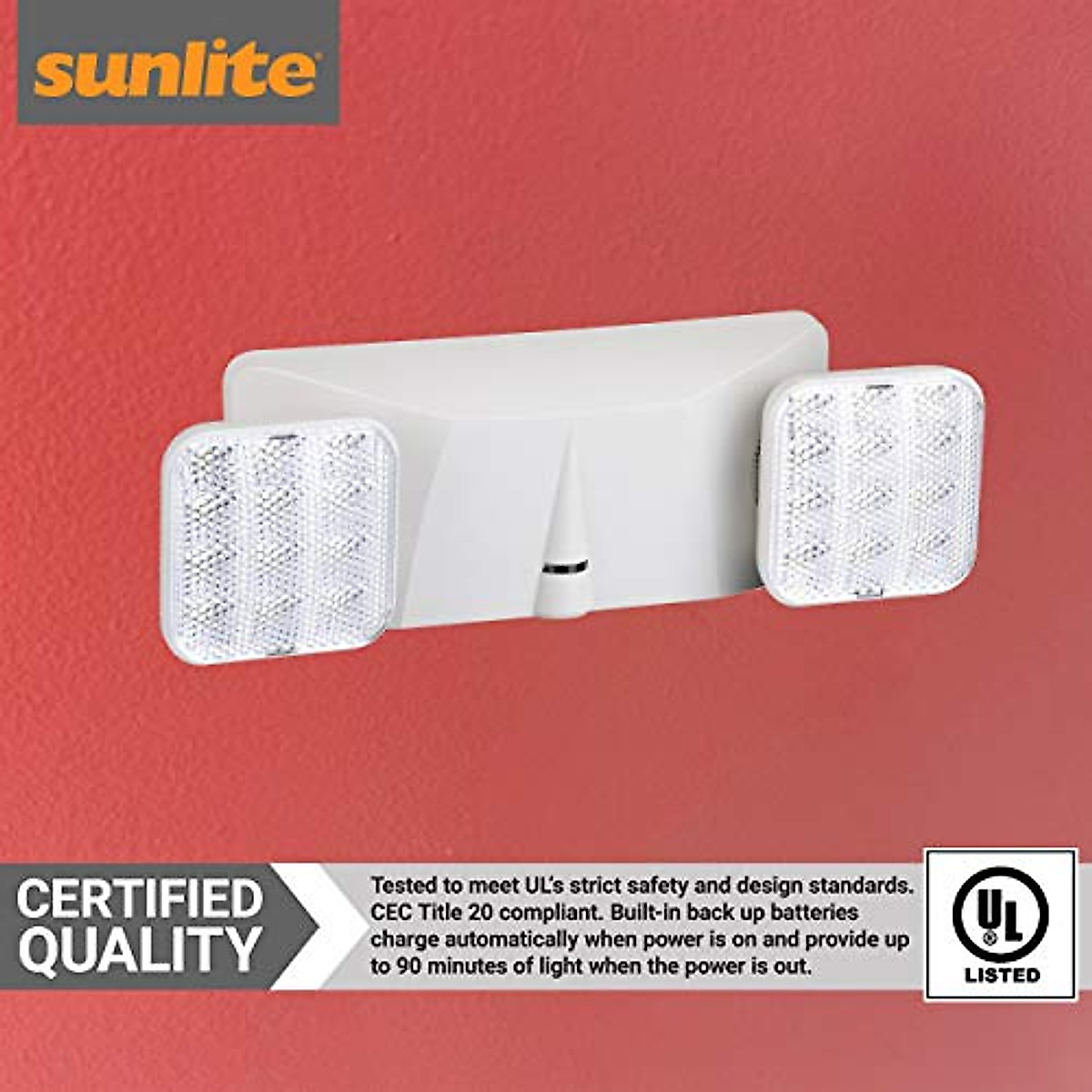 Sunlite 05268-SU LED Emergency Light Fixture, 2.4 Watts, 120-277 Volt, Dual Heads, 90-Minute Battery Backup, Wall or Ceiling Mount, IP20, UL Listed, White