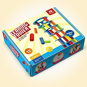 Coogam Wooden Tower Stacking Game, Fine Motor Skill Montessori Building Blocks with Dice Toppling Leaning Tower Toy Party Family Games for Kids and Adults