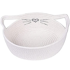 Small Woven Basket Cotton Rope Basket with Cat Ears Little Storage Baskets for Organizing Bins Organizer Wicker Nursery Room for Kids Baby Dog Toy Drawer Gifts 9.5"x8.5"x4", White