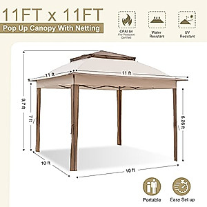 EAGLE PEAK 11x11 Pop-Up Gazebo Shelter with Screen Wall Panels Instant OutdoorTent with 121 Square Feet of Shade,Tan