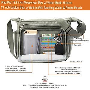 Anti-theft Crossbody Bag, Rfid Messenger Bag with Water Bottle Holders, 13 inch Shoulder Laptop Bag W/Built-in Wallet for Work, Travel, Tool, Commute, Camera, Grey