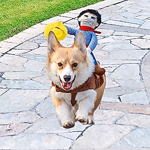 KSIEE Dog Cowboy Costume, Polyester Fiber Dog Cowboy Rider Outfit with Loop Fasteners, Dogs Clothes Knight Style with Doll and Hat for Halloween Christmas New Year Pet Costume (Small)