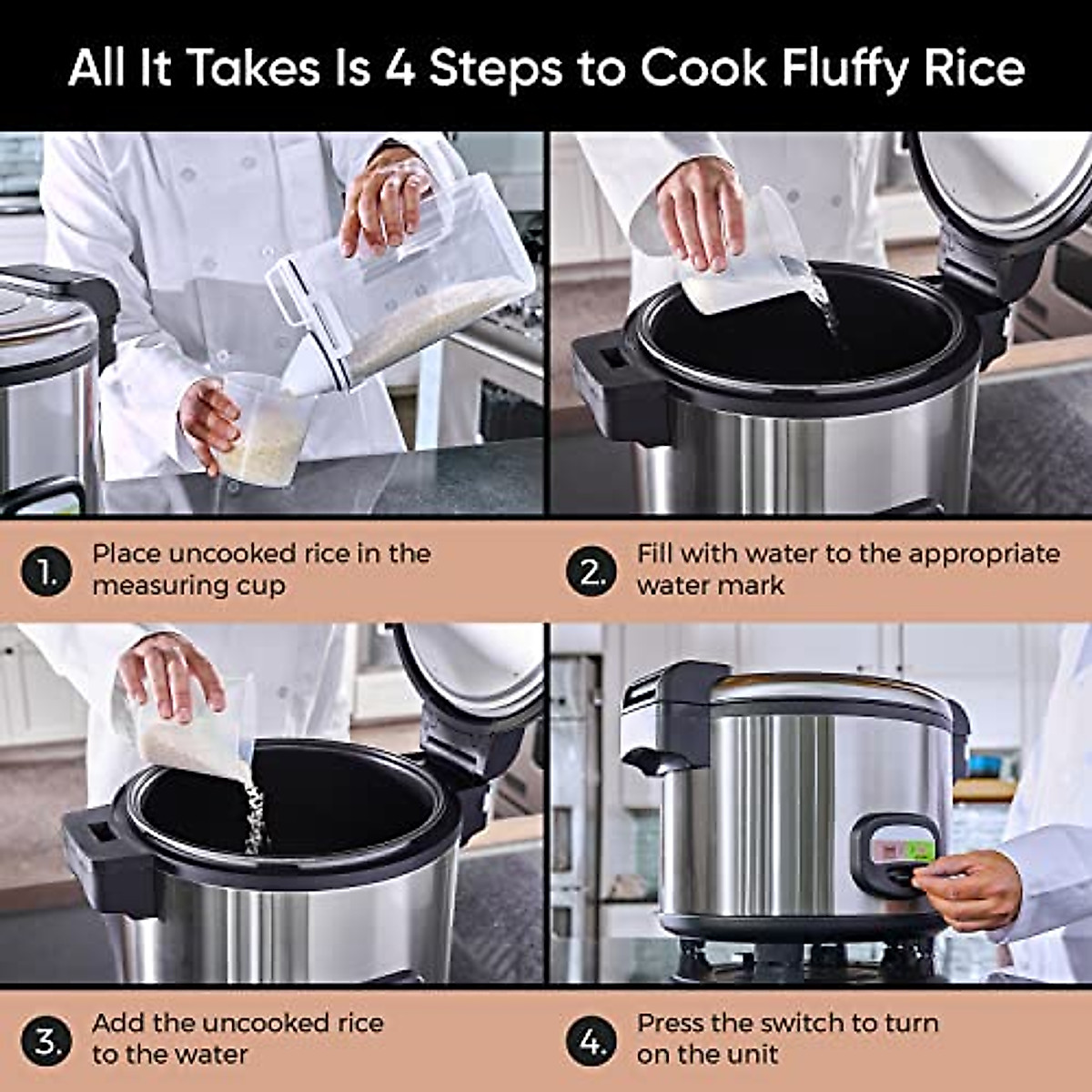 Commercial Stainless Steel Rice Cooker - Professional 60 Cup Cooked (30 Cup Uncooked) Rice Maker Cooker With Non Stick Pot & Hinged Lid - Includes a Rice Measuring Cup & Rice Scoop
