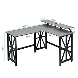 GreenForest L Shaped Desk with 2 Monitor Stand, 50.4 inch Reversible Corner Computer Desk for Home Office Study Gaming Workstation Crafting Table for Small Spaces Saving, Easy Assembly, Grey
