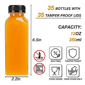 TOMNK 35pcs 12oz Plastic Juice Bottles with Caps Empty Reusable Clear Bottles Beverage Containers Bulk with Lids, Label, Funnel and Brush for Juicing, Smoothies, Tea, Milk and Beverages
