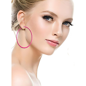 IDB Classic Stainless Steel Big Hoop Earrings - 2.32" x 2.48" x 0.07" (59x63x2mm) - Multiple Colors to choose from (Hot Pink)