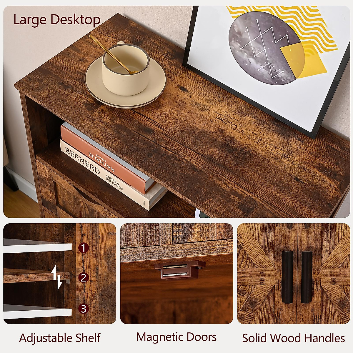 WEENFON Storage Cabinet with 2 Adjustable Drawers & 2 Barn Doors, Floor Cabinet, Freestanding Cupboard with Adjustable Shelf, for Living Room, Home Office, Kitchen, Rustic Brown