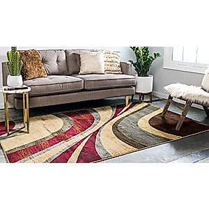 Unique Loom Barista Collection Modern, Abstract, Waves, Urban, Rustic, Warm Colors Area Rug, 8 ft x 10 ft, Beige/Burgundy