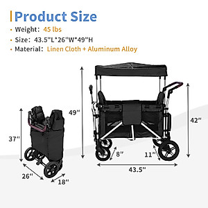 Stroller Wagon for 2 Kids, Wagon Cart Featuring 2 High Seat with 5-Point Harnesses and Adjustable Canopy, Foldable Push-Pull Rod Wagon Stroller for Garden, Stroller, Camping, Grocery Cart (Black-g)