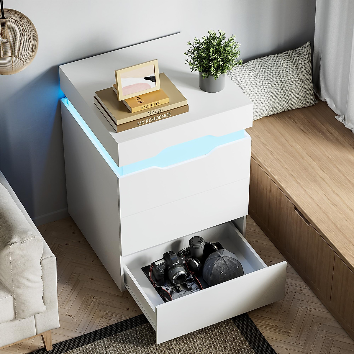 Furniwell LED Nightstand with Charging Station, End Table with 3 Drawers, Night Stand Bedside Table with Sliding Top for Bedroom and Living Room, White