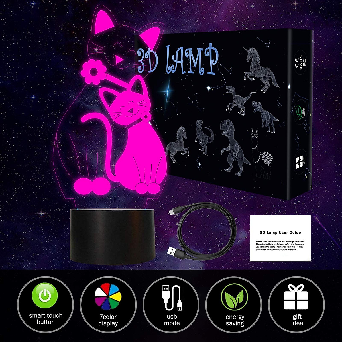 Bagvhandbagro Cat 3D Lamp, Animal Cat Kitty LED Night Light Touch Table Desk Lamp 7 Color Changing with Acrylic Flat & USB Cable, Christmas Birthday Gift for Boys Girls