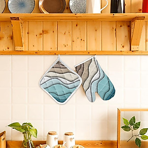 Kitchen Oven Gloves Teal Blue Modern Geometric Oven Mitts Pot Holder Set Brown Abstract Ocean Wave Hot Pad Sets for Kitchen BBQ Cooking Baking Grilling Heat Resistance