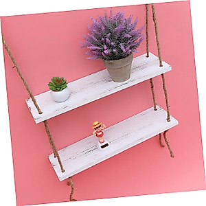 GOOHOCHY Wood Shelves Vintage Shelves Wall Hung Shelves Retro Bookshelf Swing Rope Floating Shelves Rustic Swing Mounted Bookshelf for Hanging Shelves for Wall White