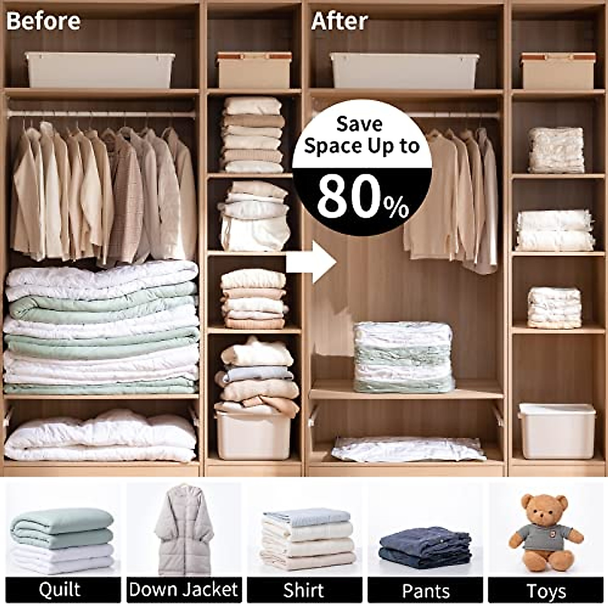 CLEVHOM Vacuum Storage Bags Combo 12 Pack, Vatiety Space Saver Bags for Clothes Beddings Comforters Blankets Quilts Duvets Coat Jacket Sweater, Vacuum Sealer Bags Save 80% Space for Closet Organizers and Storage