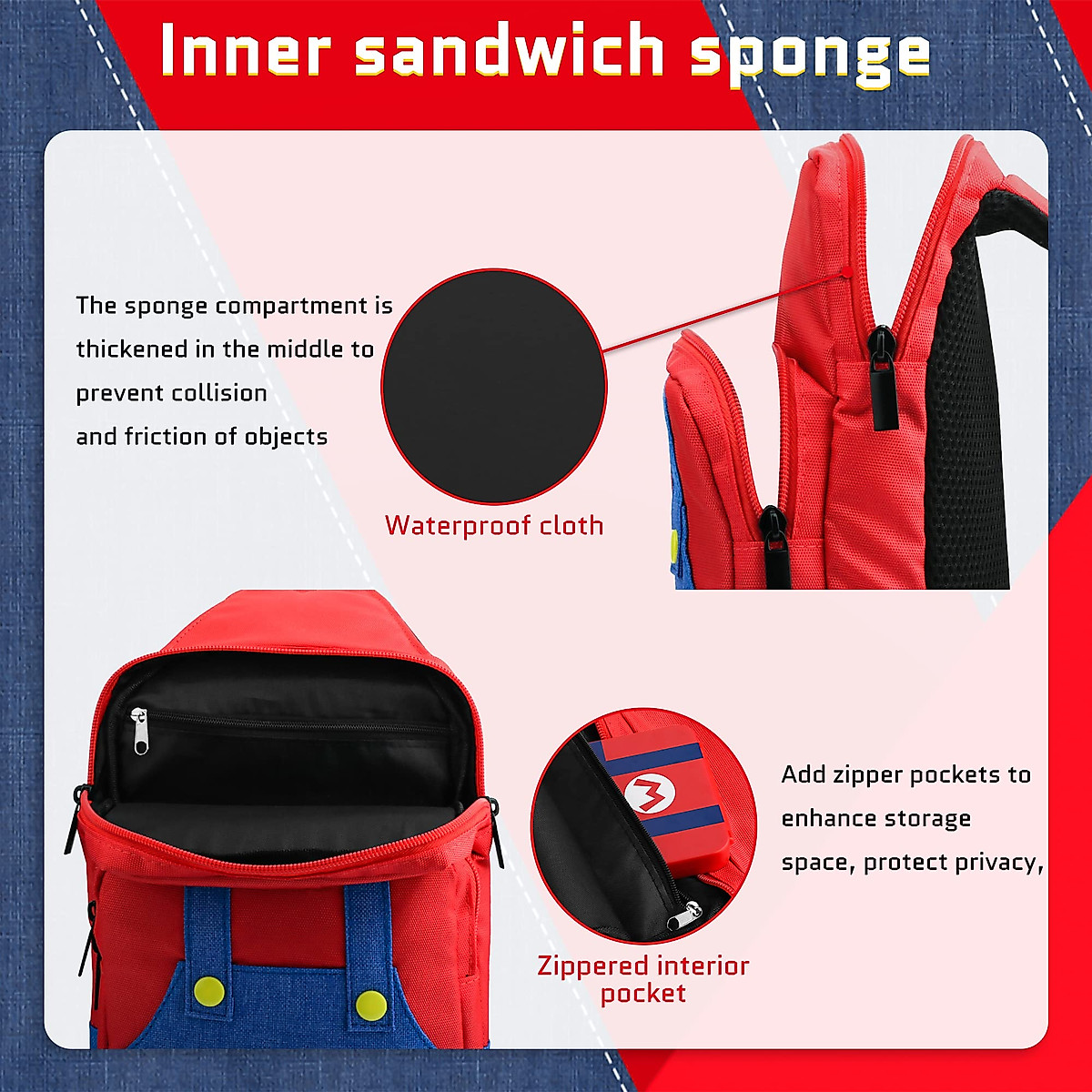 FUNDIARY Travel Bag for Nintendo Switch, OLED & Lite Carrying Case, Portable Shoulder Bag Set for Switch, Crossbody Backpack Accessories Bundle with Game Case and 2 Thumb Caps - for Super Mario