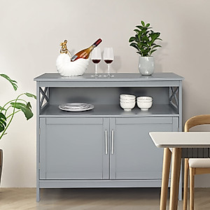 Double Door Sideboard Buffet Cabinet, Kitchen Storage Sideboard Coffee Bar Cabinet with Adjustable Shelf, Wooden Cupboard Console Table Curio Cabinet with Open Shelf for Kitchen Living Room, Grey